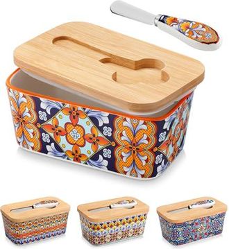 VANCASSO Beurrier en Porcelaine Boh&egrave;me - 16,5cm Bo&icirc;te &agrave; Beurre avec Couvercle en Bois et Couteau &agrave; Beurre Inclus - Compatible Lave-Vaisselle - Pour Tous Beurre