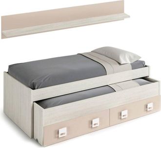 Dmora Einzelbett Fairfield, Bettrahmen für Schlafzimmer, Einzelbett mit ausziehbarem Kinderbett und 2 Schubladen und passendem Regal, cm 199x96h65, Weiß