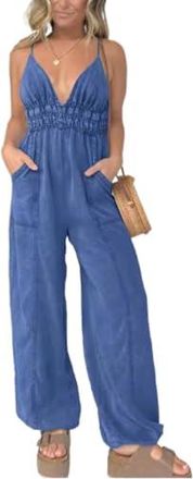 Generic SaiDeng Salopette dété en denim pour femme avec col en V et taille haute, coupe large, poches et coupe moulante, bleu moyen, XL