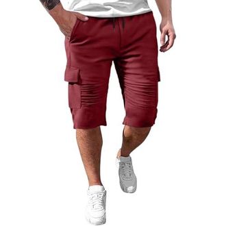 Generico Short cargo d&eacute;t&eacute; pour homme en coton avec de nombreuses poches et taille &eacute;lastique, rouge, 3XL
