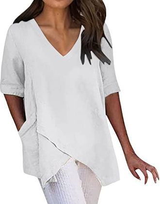 FNKDOR Chemisiers Femme Couleur Unie Chemisier Décontractée à Manches 3/4 Chic Col V Haut Top Ourlet Irrégulier Tunique Blouse en Lin Grande Taille Lâché Tee