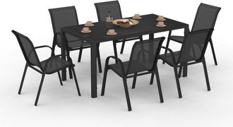 IDMarket Salon de jardin MADRID table 150 CM et 6 chaises empilables noir