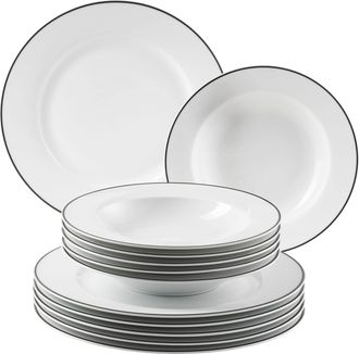 Mäser Mäser, Serie Nola, Tafelservice 6 Personen modern, Weiß mit Schwarzem Rand - 12-teiliges Teller Set mit Speiseteller & Suppenteller - Rundes Geschirrs