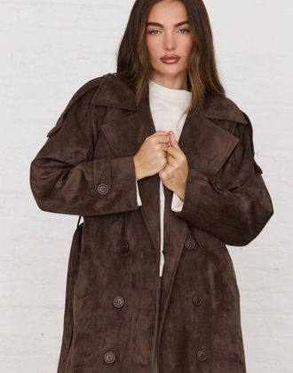 Aria Cove manteau trench long ceintur&eacute; couleur chocolat-Marron
