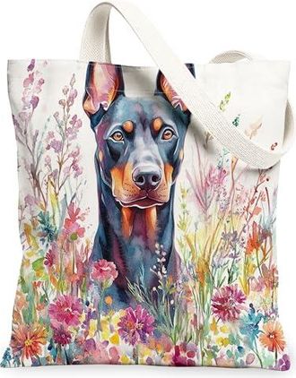 Generic Sac fourre-tout en toile motif doberman printanier pour faire du shopping, 33 x 38,1 cm, sac r&eacute;utilisable &agrave; motif imprim&eacute; aquarelle pour femme, animal