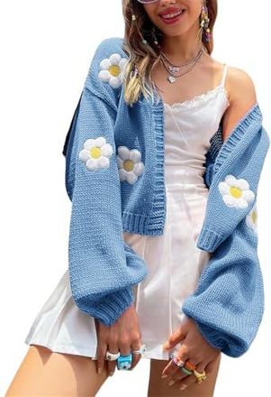 Generic Cardigan Y2K pour femme, cardigan court à manches longues ouvert sur le devant, cardigan à fleurs, bleu, S