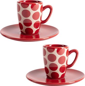 Benetton BE-2066 Kaffee-Set 4-teilig (2 Tassen à 75 ml + 2 einfarbige Untertassen) Stoneware rote Punkte, Porzellan
