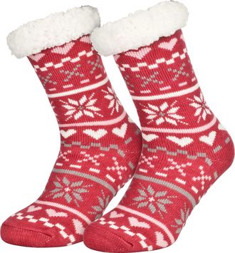 Piarini 1 Paar Kuschelsocken ABS Sohle warme Damen Socken H&uuml;ttensocken Wintersocken Anti Rutsch Noppen Love-Erdbeer-Rot (One-Size)