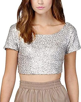 Generic Haut court &agrave; paillettes &agrave; manches courtes pour femme - Coupe ajust&eacute;e - Pour festival, bo&icirc;te de nuit, blanc, XXL