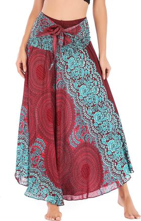 Feoya Verstellbares Riemen Kleid Freizeit Urlaub Sommerrock Strandkleider Lang Gedruckter Rock Damen Chiffon Bohemien Maxirock - Muster 3