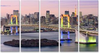 Islandburner Bild Bilder auf Leinwand Skyline von Tokio, Japan mit Regenbogenbrücke und Tokio Tower. Wandbild, Poster, Leinwandbild QMH