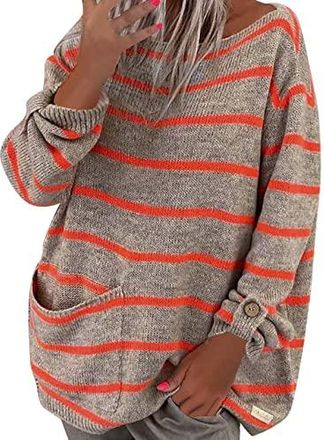 Generic Pull rayé rétro pour femme - Pull chaud à rayures contrastées - Col rond - Pull ample pour femme, a, XXL