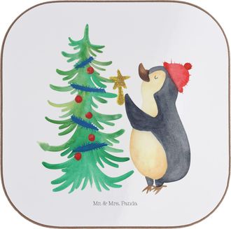 Mr. & Mrs. Panda gl&auml;seruntersetzer Pinguin Weihnachtsbaum - Geschenk, Tischuntersetzer, Tassenuntersetzer, Weihnachten, Untersetzer f&uuml;r Gl&auml;ser, Winter, Quadratisch, Gl