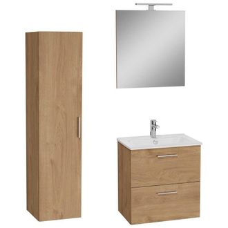 Vitra Set Mia Badezimmerm&ouml;bel 59x61x39,5 cm mit Spiegel, Waschbecken und LED-Beleuchtung + Schrank 145x35x35 cm, Eiche - Vitra