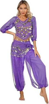 TiaoBug Femme D&eacute;guisement Indienne Princesse Robe de Danse du Ventre Paillette Haut Top de Danse Orientale et Harem Pantalon Costume Carnaval Halloween Violet