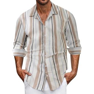Generic Chemise Henley en coton et lin pour homme - Style d&eacute;contract&eacute; et tendance - Revers &agrave; rayures - Manches longues - L&eacute;ger, marron, 3XL