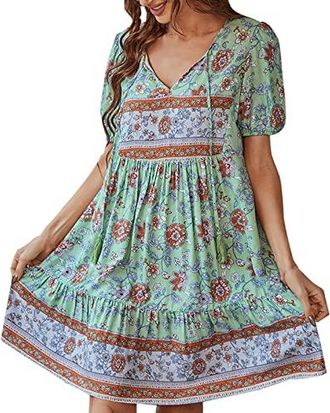 Generic Robes boh&egrave;me 2026 pour femmes, col en V, pompons, style boh&egrave;me, Vert, XL