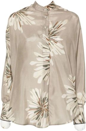 Brunello Cucinelli Femme, Blouses et Chemises, Beige, Taille: 40 FR Silk Floral Print Band Collar Shirt