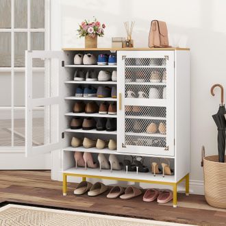 Giantex Schuhschrank mit 7 Ebenen, Schuhregal mit verstellbaren Ablagen, freistehende Schuhablage mit L&uuml;ftung, Schuhkommode f&uuml;r Eingangsbereich & Flur (Wei&szlig;, 