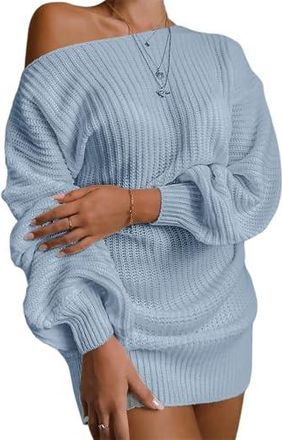 Generic Robe pull &agrave; manches longues et &eacute;paules d&eacute;nud&eacute;es pour femme, robe d&eacute;contract&eacute;e &agrave; manches longues en tricot &eacute;pais pour lautomne et lhiver, bleu, 3XL