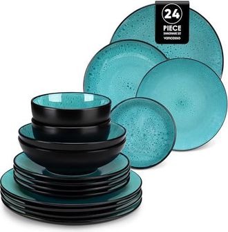 VANCASSO Service de Table pour 6 Personnes, Service Vaisselle 24 Pi&egrave;ces en Gr&egrave;s - 6 Assiettes Plates, 6 Assiettes &agrave; Dessert, 6 Assiettes Creuses et 6 Bols - Gl