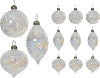 Kaemingk Weihnachtskugeln Glas 8cm x 12 St&uuml;ck mit Rillen Christbaumkugeln Regenbogenfarben Christbaumschmuck Weihnachtsbaumkugeln Klar transparent irisierend