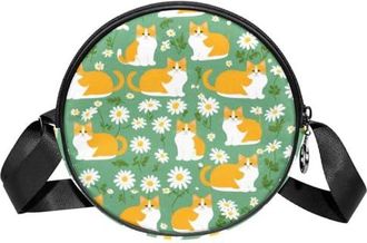 Generic Sac &agrave; bandouli&egrave;re rond pour femme, motif chats et marguerites, sac &agrave; dos avec fermeture &eacute;clair, bretelles r&eacute;glables, sac &agrave; main rond d&eacute;contract&eacute; pour 