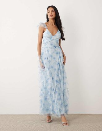 Lace & Beads Robe longue en tulle imprim&eacute; fleuri avec bretelles fines et volants - Bleu-multicolore