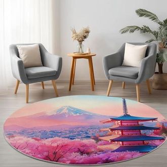 Generic Rose Tapis Rond Japonais - 100 cm Lavable Doux et antid&eacute;rapant Tapis, Fleurs Montagnes Pagodes Impression pour Chambre &agrave; Coucher Salon Vestibule entr&eacute;