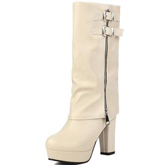 SJJH Bottes mi-longues Design unique | Bottes pour femmes par temps frais, talon 9,5 cm, fermeture &eacute;clair lat&eacute;rale, confortables, beige, 37 EU