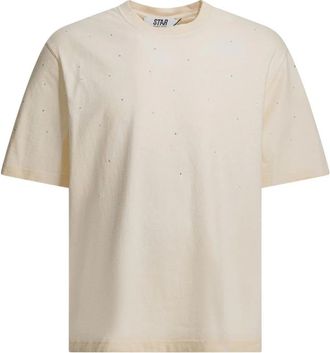 Golden Goose Homme, Tops, Blanc, Taille: XS T-shirt ras du cou en coton avec ornements en strass