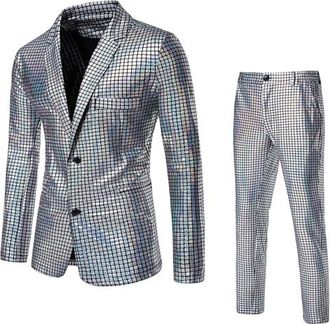 Generic Costume disco des ann&eacute;es 70 pour homme - 2 pi&egrave;ces - Veste &agrave; paillettes - Coupe r&eacute;guli&egrave;re - Brillant - Pour f&ecirc;te, bal de fin dann&eacute;e, argent&eacute;, XXL