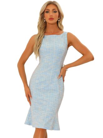 Allegra K Damen Tweed Kleid &Auml;rmellose Elegante Karierte Bodycon Sommer Midi Kleider Blau XL