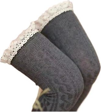 Generic Chaussettes au-dessus du genou avec bordure en dentelle, style bas pour femme, gris, Taille Unique
