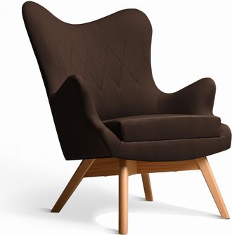 MG Design Ohrensessel aus Samt in Dunkelbraun - Bequemer Polstersessel mit Holzbeinen, hoher R&uuml;ckenlehne & weichem Samtbezug f&uuml;r Wohnzimmer oder Schlafzimme