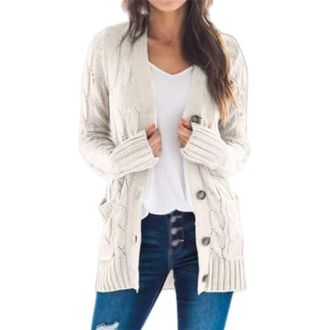 Generic Cardigan dautomne d&eacute;contract&eacute; &agrave; manches longues boutonn&eacute; sur le devant pour femme, cardigan ample &agrave; boutons avec poches, beige, XXL