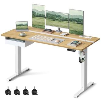 Vasagle Höhenverstellbarer Schreibtisch elektrisch, 140 x 60 cm Tischoberfläche, Memory-Funktion mit 4 Höhen, mit Steckdosen und Stoffschubla, golichenfarben-