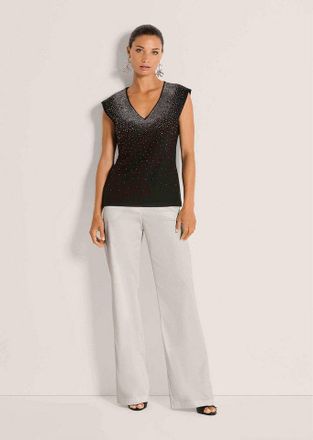 Madeleine Kurzarmshirt Elegantes Shirt mit V-Ausschnitt, &auml;rmellos &Auml;rmelloses, tailliertes Shirt mit Strass, Viskose-Mix