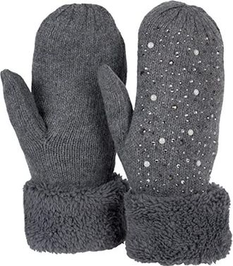 styleBREAKER Femmes moufles chaudes dhiver en tricot avec strass et perles, gants, thermo polaire, gants tricot&eacute;s 09010039, couleur:Gris