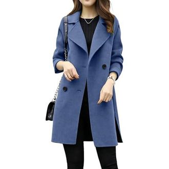 Generic Manteau long &agrave; double boutonnage pour femme avec col &agrave; revers et coupe ajust&eacute;e, bleu marine, XXL