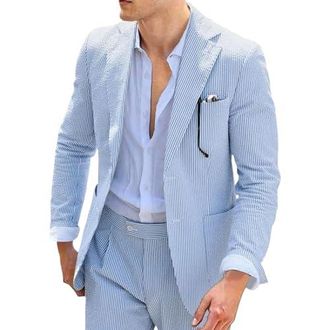 Generic Ensemble de costume fin en seersucker ray&eacute; pour homme - Tenue d&eacute;t&eacute; pour la plage et le mariage - 2 pi&egrave;ces - Costume classique &agrave; ventouse, Bleu 3, XXL