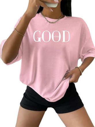 TOMWELL Damen T-Shirt Kurzarm Sport Sommer Oberteile Oversized T-Shirt mit Buchstaben Druck Sweatshirt Lose Rundhals Bluse Teenager M&auml;dchen Top Tunika Lang G 