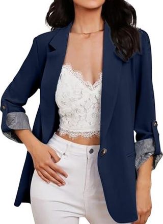Generic Blazers pour femme - Blazer d&eacute;contract&eacute; ouvert sur le devant - Cardigan habill&eacute; &agrave; manches r&eacute;glables - Veste &agrave; un bouton avec poches pour femme, bleu m