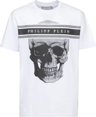Philipp Plein Homme, Tops, Blanc, Taille: S T-Shirt Col Rond Logo T&ecirc;te de Mort Ligne