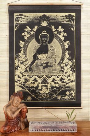 Guru Shop Buddhistischer Wandbehang aus Loktapapier, Tibetischer Buddhismus Dekoration - Buddha-Shakyamuni/gold, 70x47x0 cm