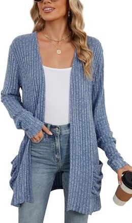 Feoya Gilet Femme Cardigan Long Cardigan Ouvert Manches Longues Cardigan Manteau Adulte Veste Long Tricoté Gilet Casual Bleu XXL