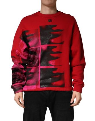 Dolce & Gabbana Red Graphic Crew Neck Men Sweatshirt Sweater Cotton Polyester Clothing