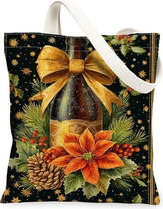 Generic Sacs fourre-tout en toile poinsettia de No&euml;l, motif floral, r&eacute;utilisables, vintage, l&eacute;gers, lavables avec bandouli&egrave;re pour voyage, 33 x 38 cm