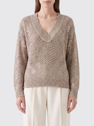 Brunello Cucinelli Pull &agrave; col V coupe relax en 100% cachemire ajour&eacute; avec sequins