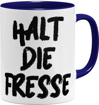 OM3 lustige Tasse mit Spruch - Halt die Fresse - Statement | Keramik Becher | 325ml | Beidseitig Bedruckt | Dunkelblau